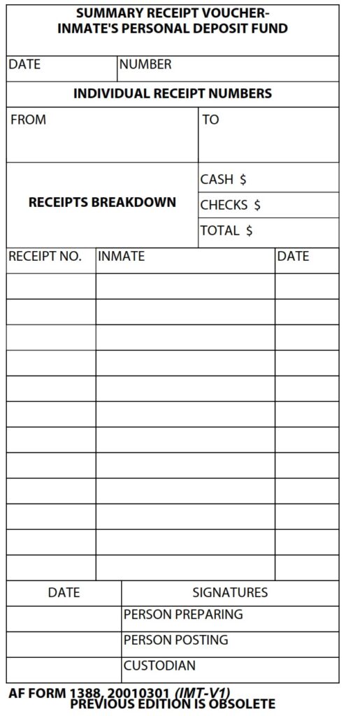 AF Form 1388 - Summary Receipt Voucher - Inmate's Personal Deposit Fund ...