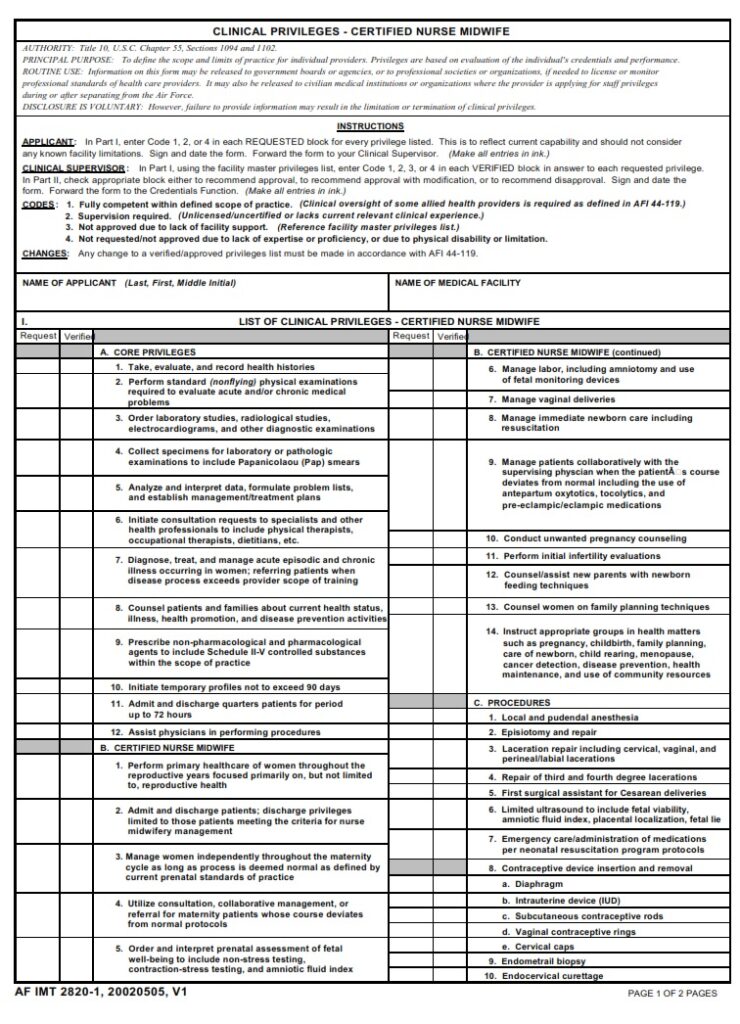 AF Form 2820-1 – Clinical Privileges – Certified Nurse Midwife - AF Forms