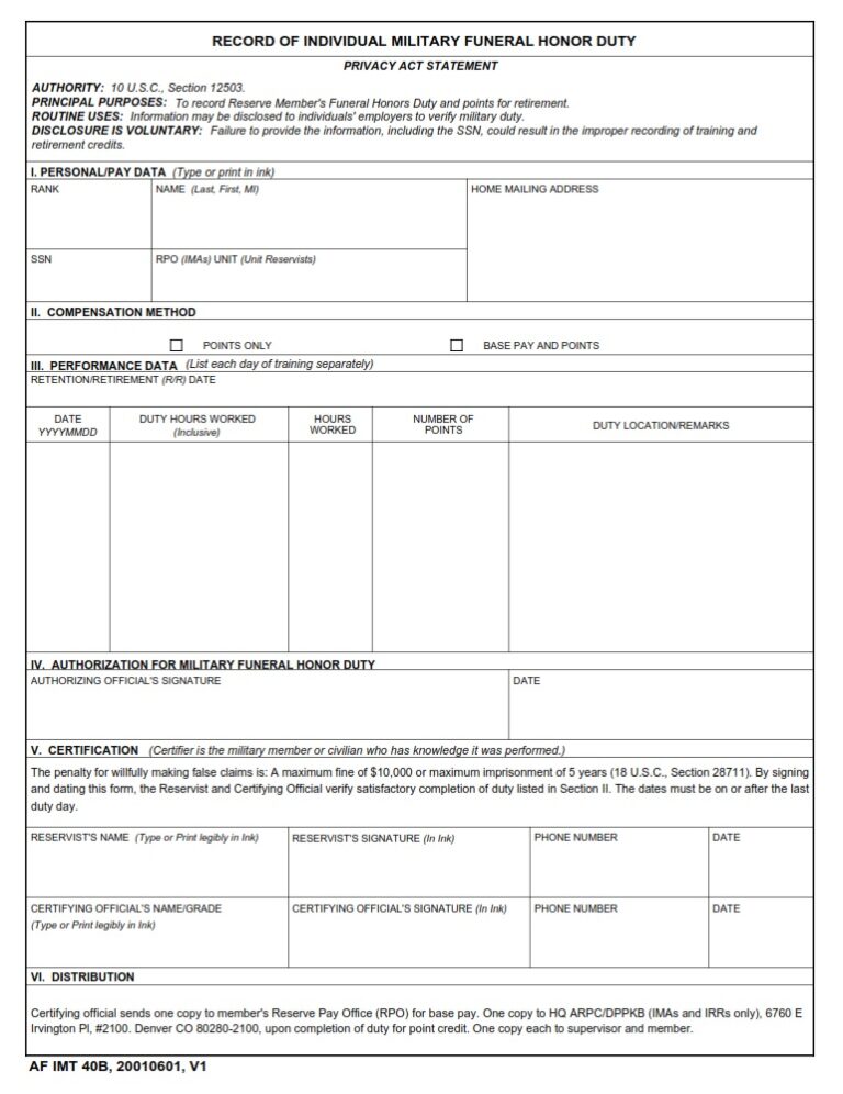 AF Form 40B – Record Of Individual Military Funeral Honor Duty - AF Forms