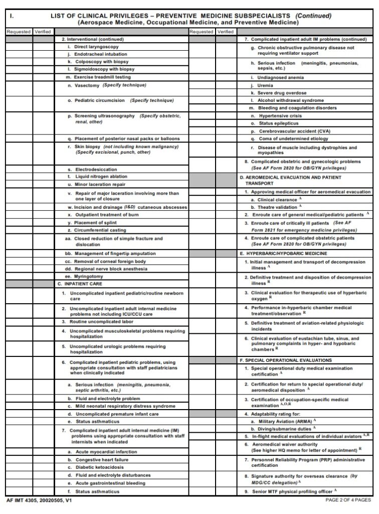 AF Form 4305 – Clinical Privileges – Preventive Medicine Subspecialists ...