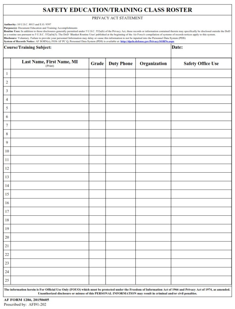 AF Form 1286 - Safety Education/Training Class Roster - AF Forms