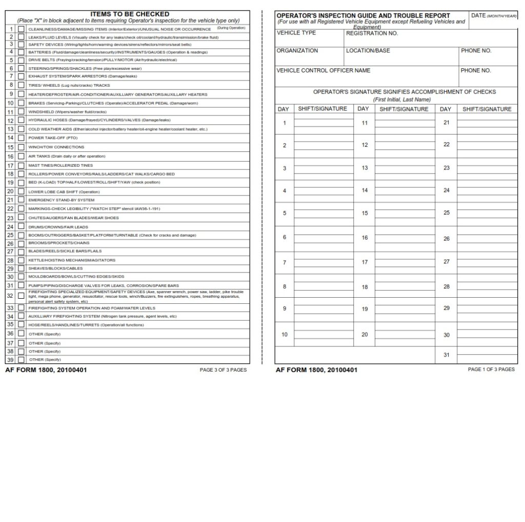 AF Form 1800 - Operator's Inspection Guide And Trouble Report - AF Forms
