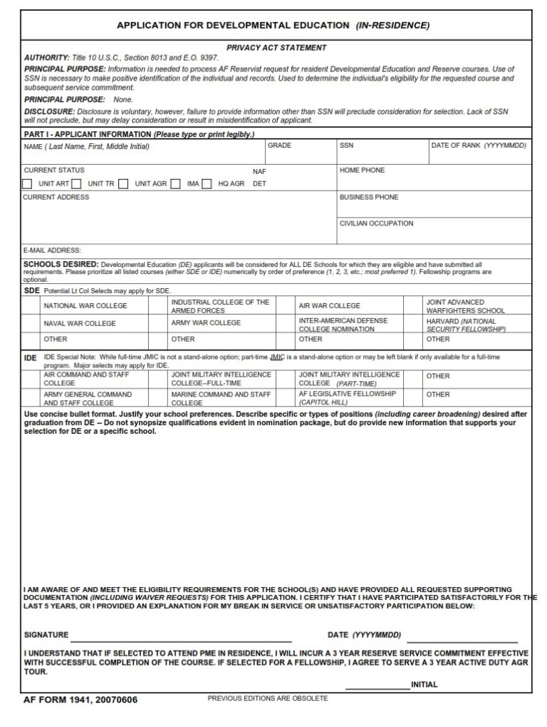 AF Form 1941 – Application For Developmental Education (In-Residence ...