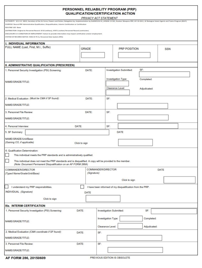 AF Form 286 – Personnel Reliability Program (PRP) Qualification ... AF Form 286 – Personnel Reliability Program (PRP) Qualification ...