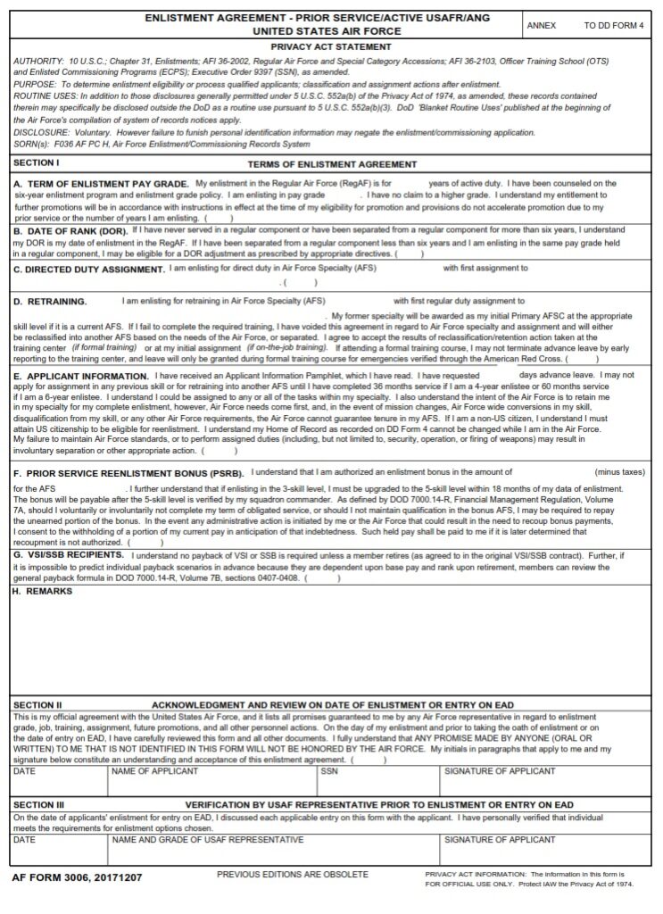 AF Form 3006 - Enlistment Agreement - Prior Service/Active Usafr/Ang ...