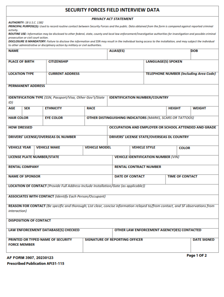 AF Form 3907 - Security Forces Field Interview Data - AF Forms
