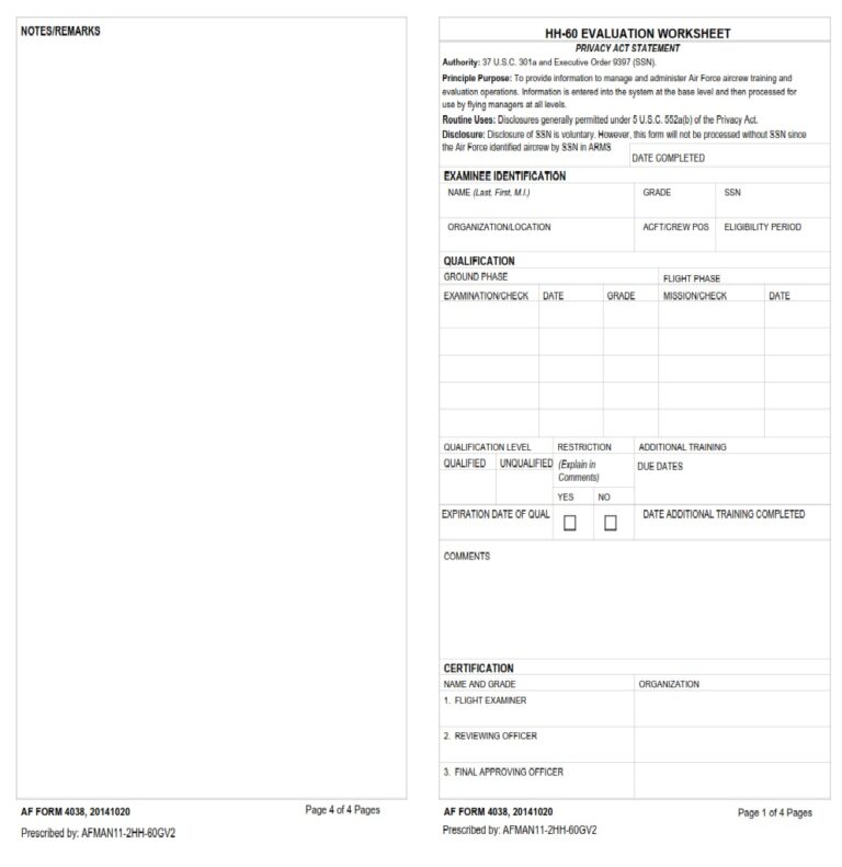 AF Form 4038 - HH-60 Evaluation Worksheet - AF Forms