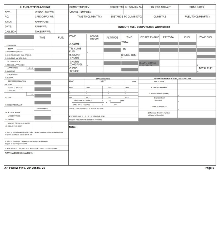AF Form 4116 - C-130 Navigator Flight Plan And Log - AF Forms