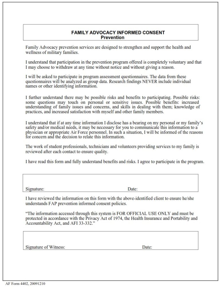 AF Form 4402 – Family Advocacy Informed Consent - AF Forms