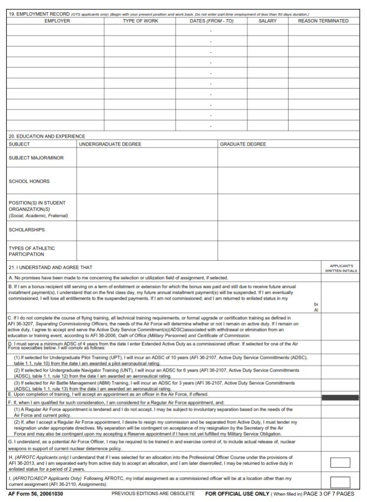 AF Form 56 – Application & Evaluation For Training Leading To A ...