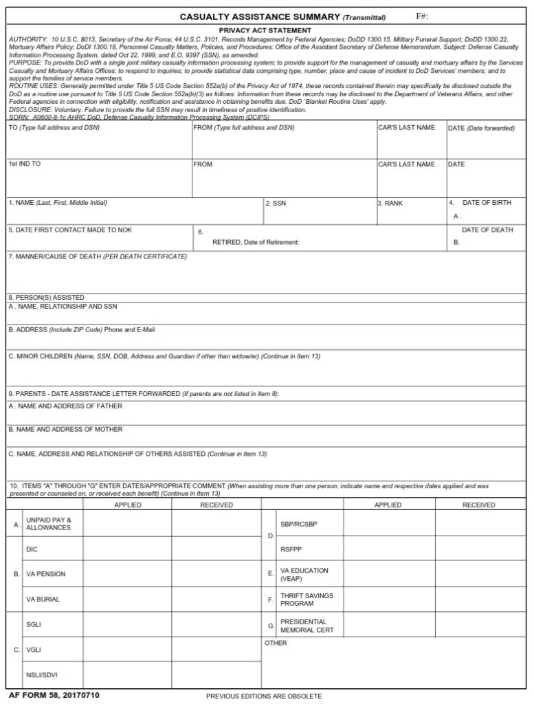 AF Form 58 – Casualty Assistance Summary - AF Forms