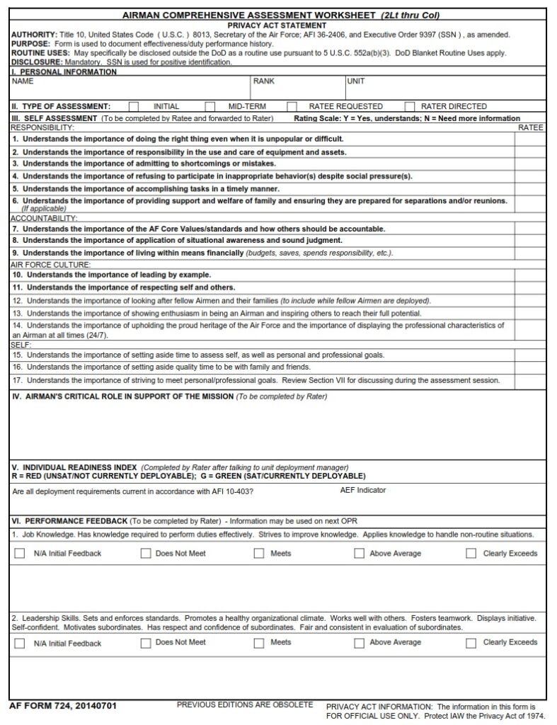 AF Form 724 - Airman Comprehensive Assessment Worksheet (2LT THRU COL ...
