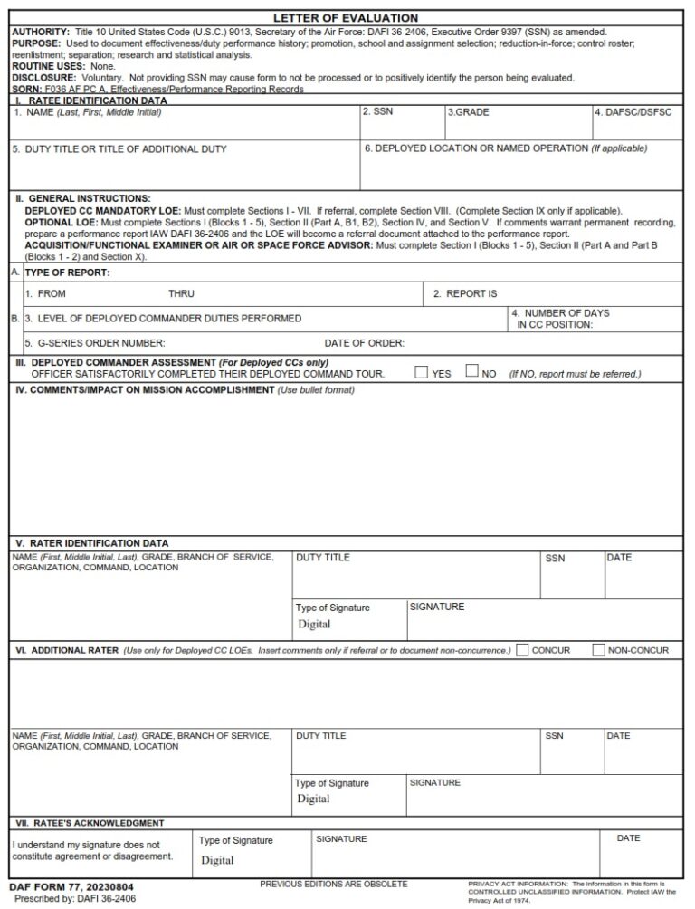 AF Form 77 – Letter Of Evaluation - AF Forms