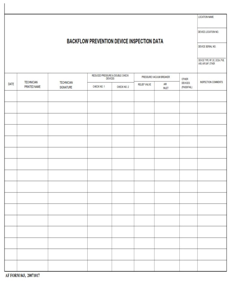 AF Form 843 – Backflow Prevention Inspection Data - AF Forms