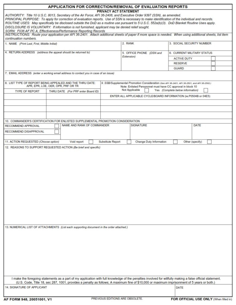AF Form 948 – Application For Correction/Removal Of Evaluation Reports ...