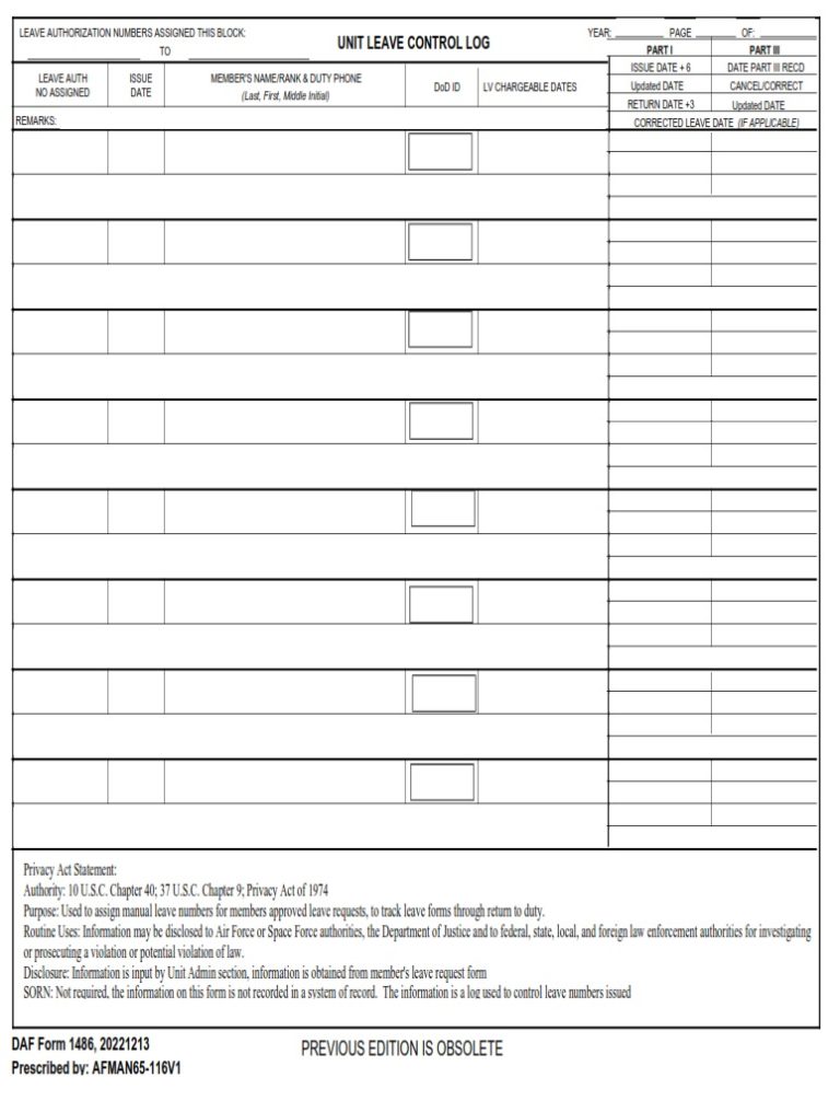 DAF Form 1486 – Unit Leave Control Log - AF Forms