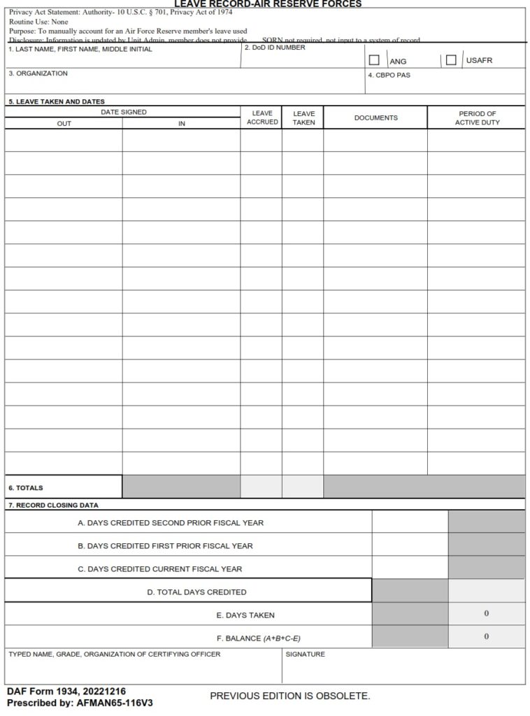 DAF Form 1934 – Leave Record-Air Reserve Forces - AF Forms