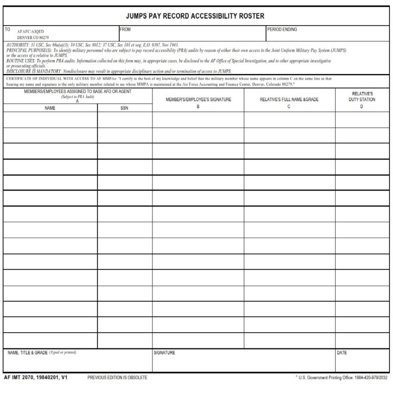 DAF Form 2070 - Jumps Pay Accessibility Roster - AF Forms