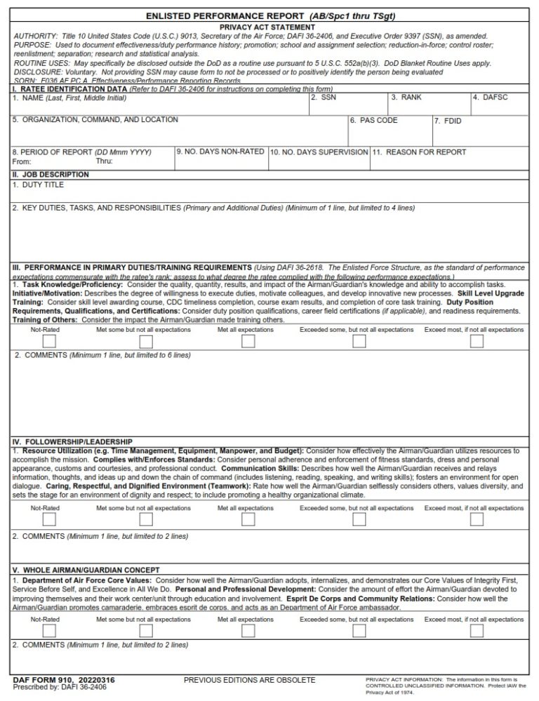 DAF Form 910 - Enlisted Performance Report (AB/SPC1 THRU TSGT) - AF Forms