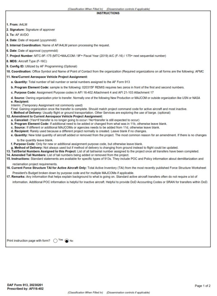 DAF Form 913 - Aerospace Vehicle Project Action - AF Forms