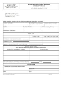 SF Form 2806-1 - Notice Of Correction Of Individual Retirement Record ...
