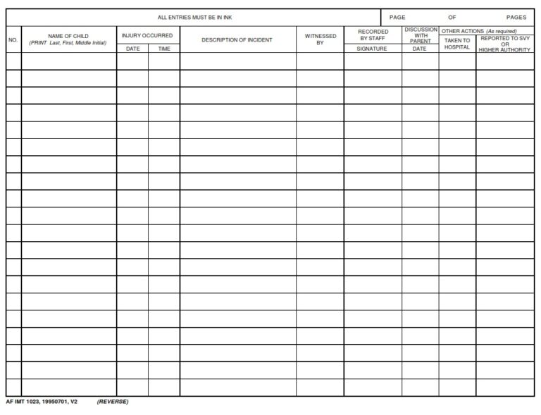 AF Form 1023 - Youth Flight Record Of Injuries (LRA) - AF Forms