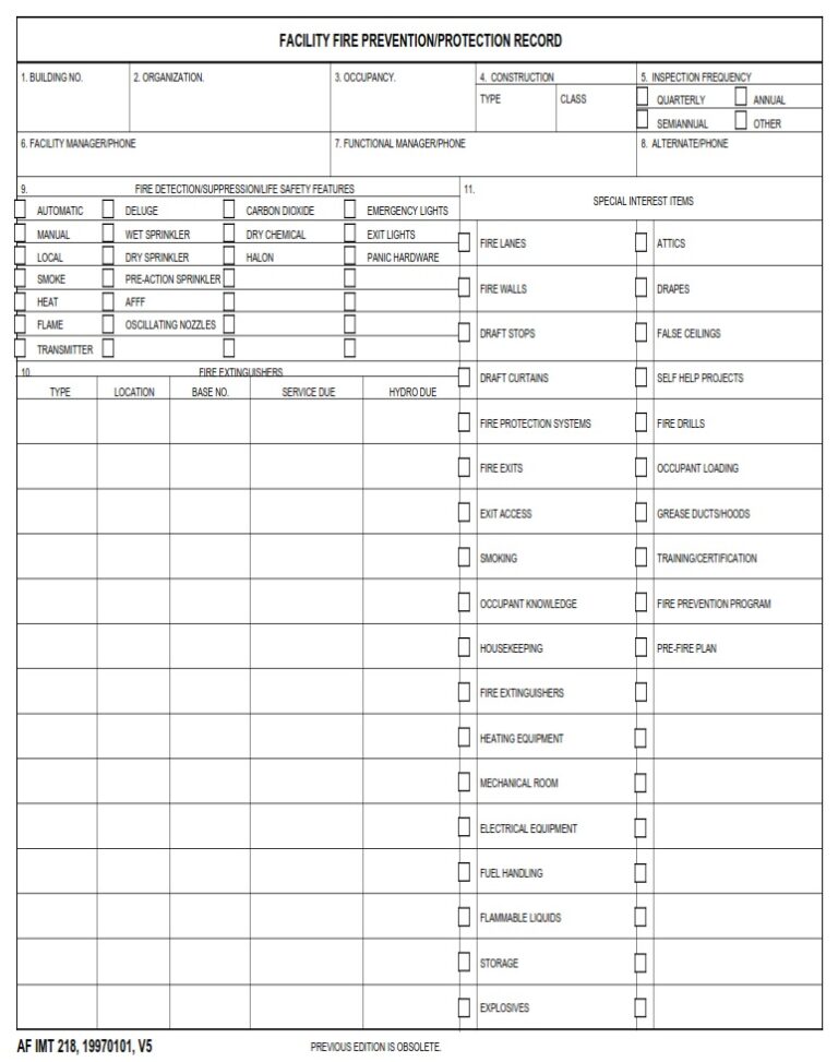 AF Form 218 - Facility Fire Prevention/Protection Record - AF Forms
