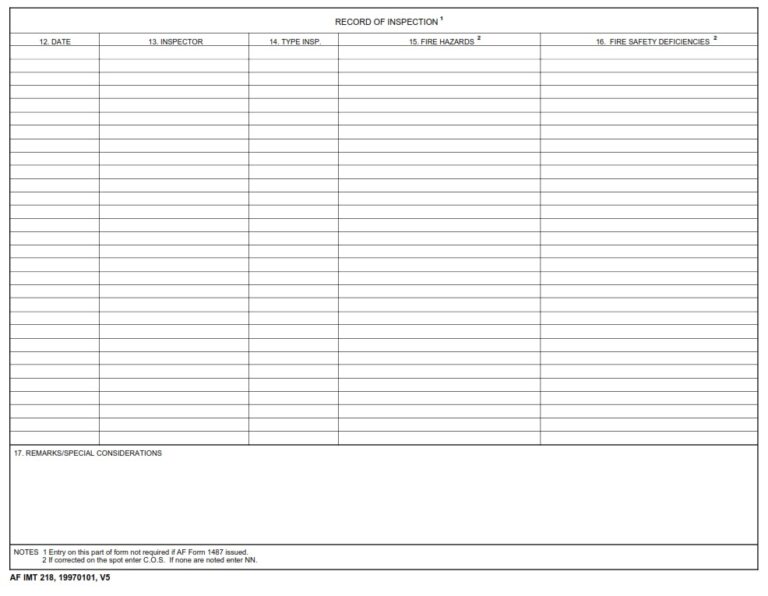 AF Form 218 - Facility Fire Prevention/Protection Record - AF Forms