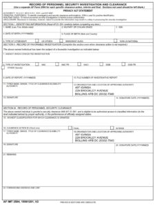 AF Form 2584 - Record Of Personnel Security Investigation And Clearance ...