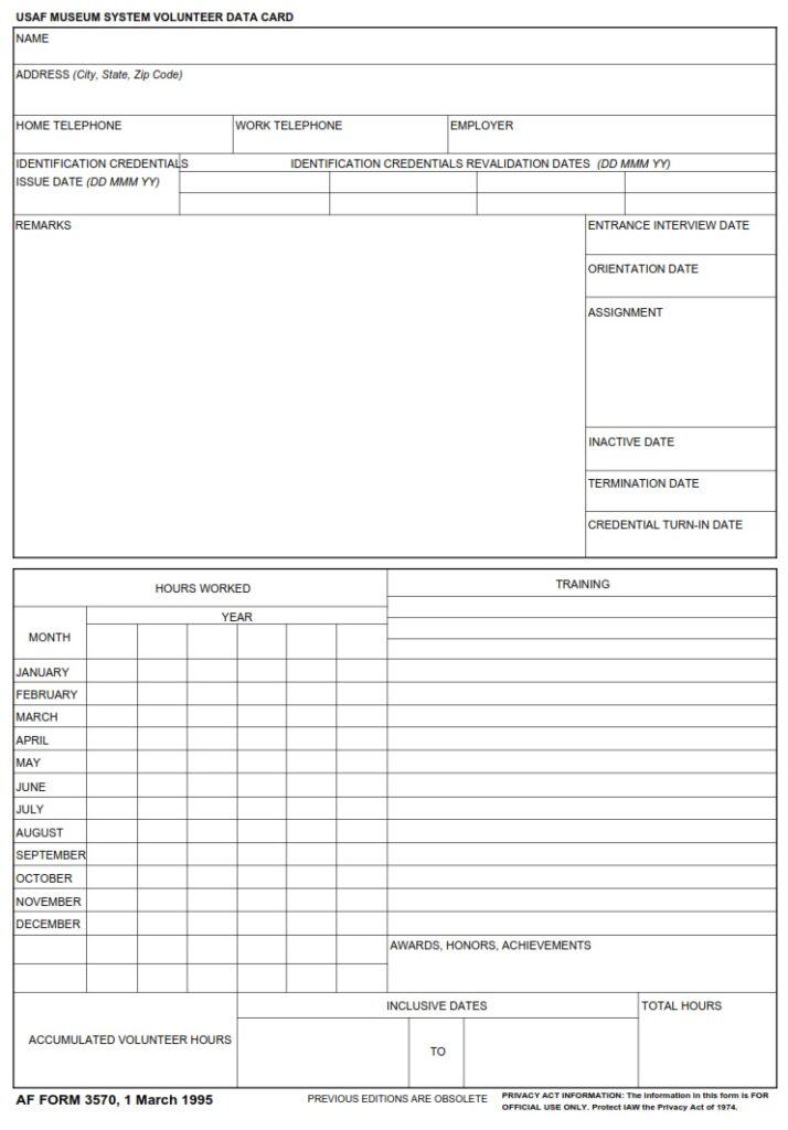 AF Form 3570 – Usaf Museum System Volunteer Data Card - AF Forms