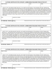 AF Form 668 – Clothing Certificate For Category I Airmen Being Released ...
