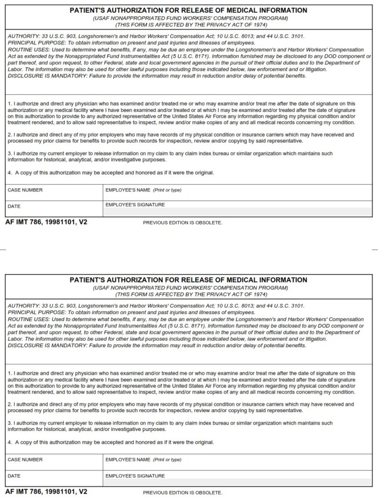 AF Form 786 – Patient’s Authorization For Release Of Medical ...