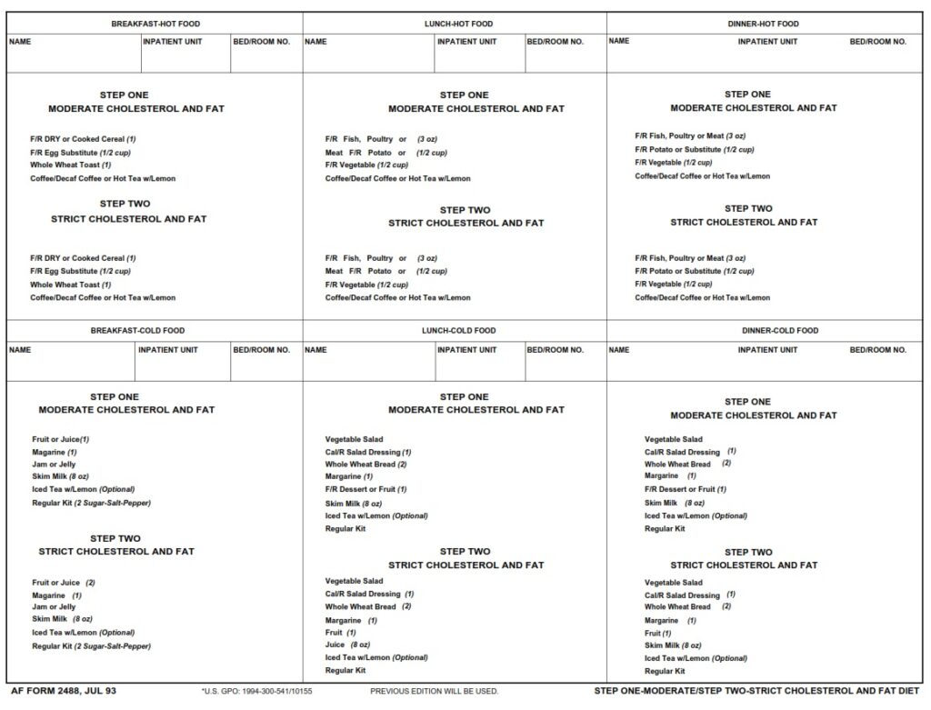 AF Form 2488 - Step 1 - Moderate; Step 2 - Strict Cholestrol And Fat ...