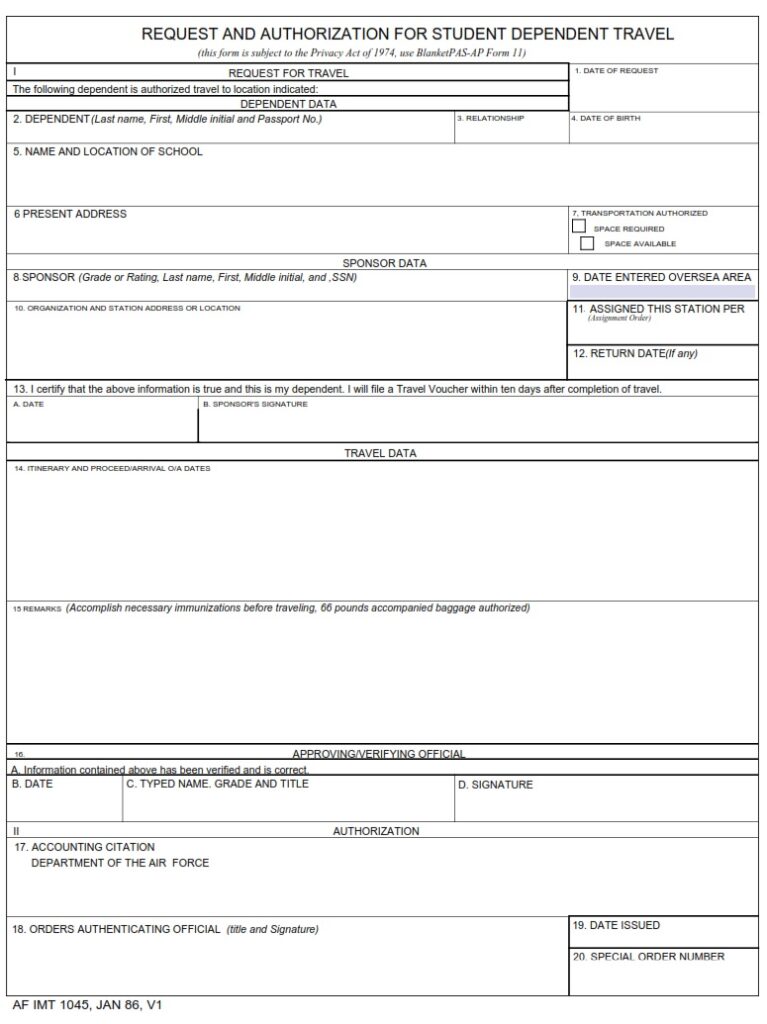 AF Form 1045 - Request And Authorization For Student Dependent Travel ...