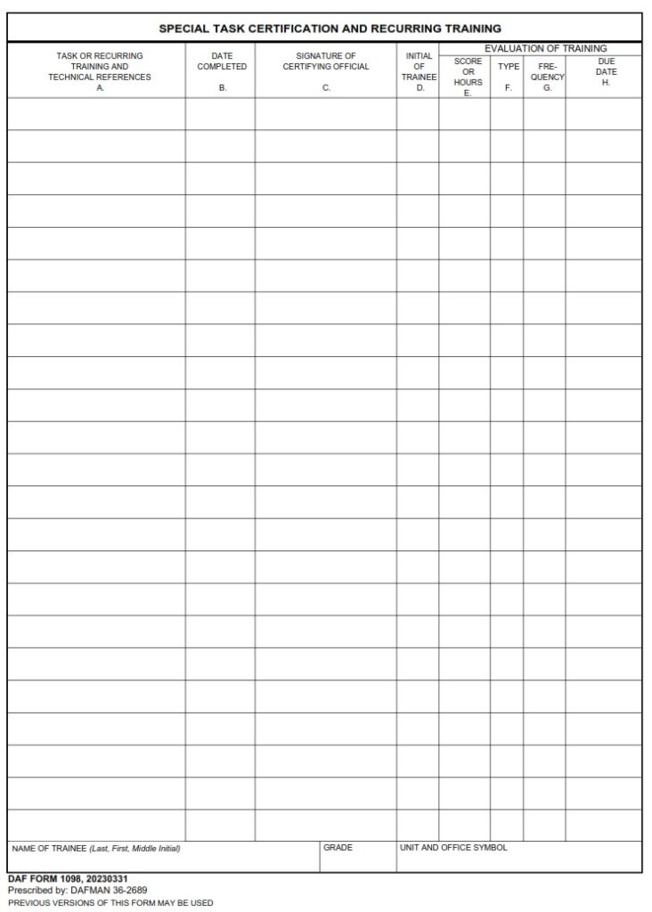 AF Form 1098 - Special Task Certification And Recurring Training - AF Forms