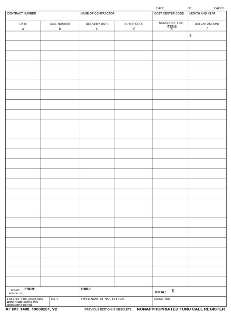 AF Form 1408 – Nonappropriated Fund Call Register - AF Forms
