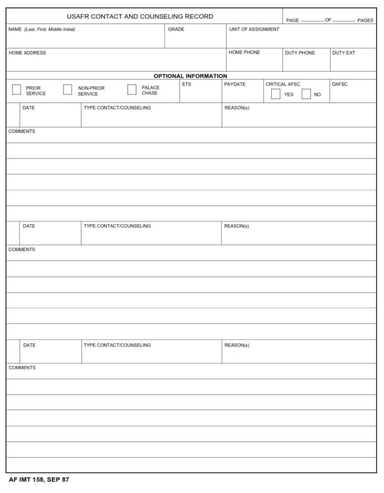 AF Form 158 – USAFR Contact And Counseling Record (PDF) - AF Forms