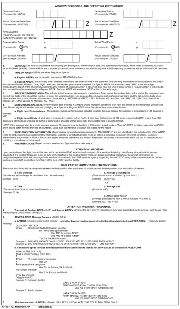 AF Form 72 - Air Report (AIREP) - AF Forms