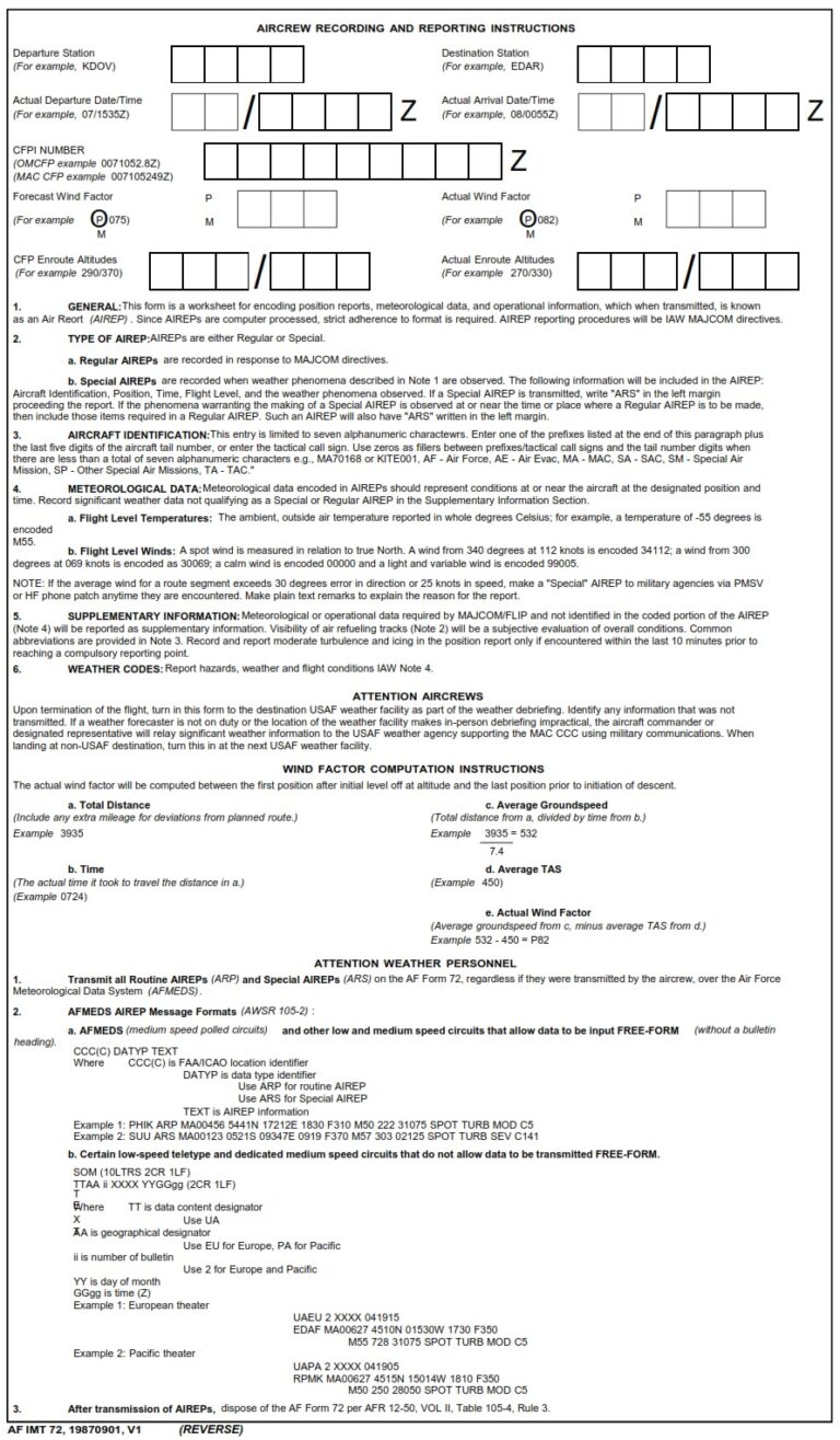 AF Form 72 - Air Report (AIREP) - AF Forms