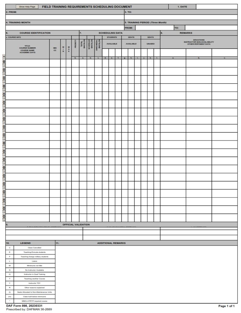 AF Form 898 – Field Training Requirements Scheduling Document - AF Forms