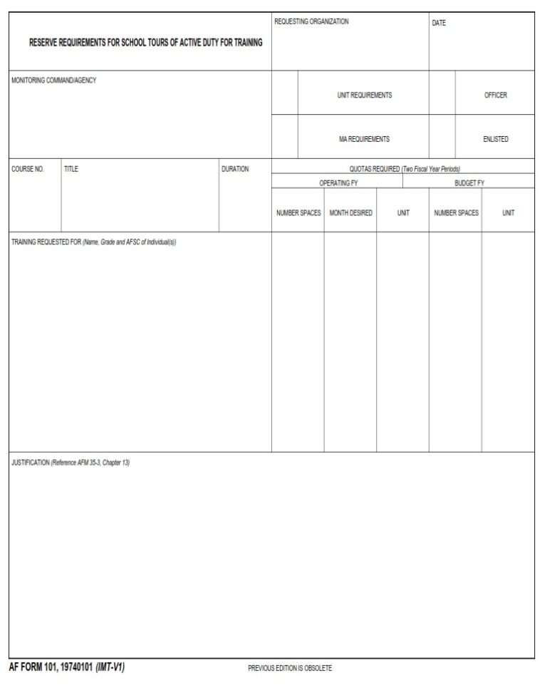AF Form 101 - Reserve Requirements For School Tours Of Active Duty For ...