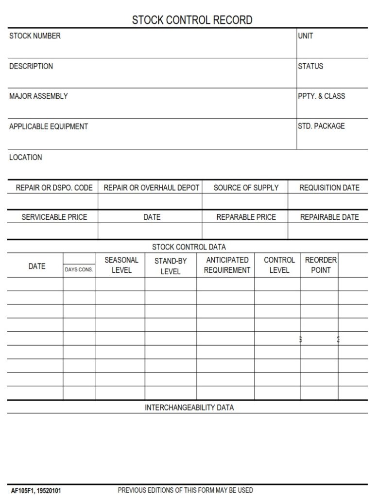 AF Form 105F1 – Stock Control Record - AF Forms