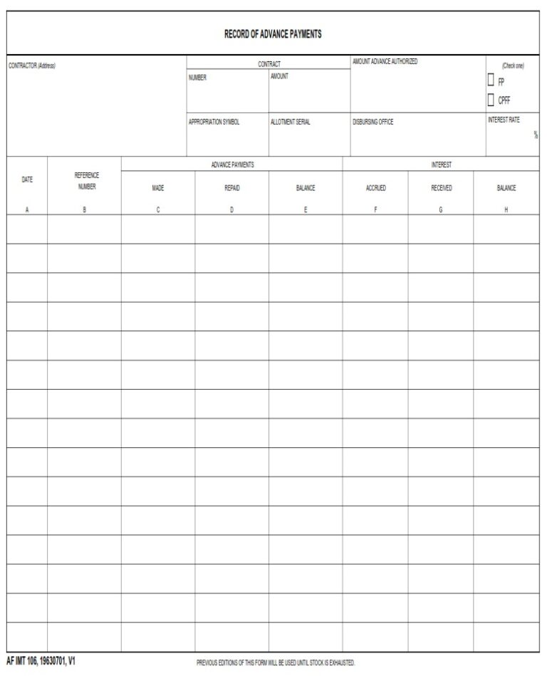 AF Form 106 - Record Of Advance Payments - AF Forms