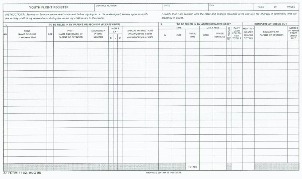 AF Form 1182 – Youth Flight Register - AF Forms