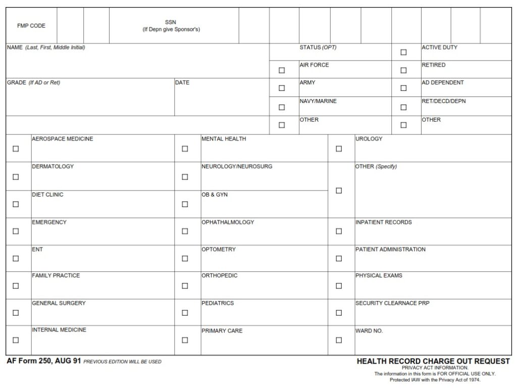 AF Form 250 - Health Record Charge Out Request - AF Forms