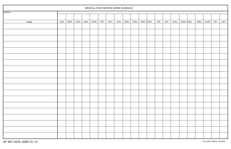 AF Form 2578 – Medical Food Service Work Schedule - AF Forms