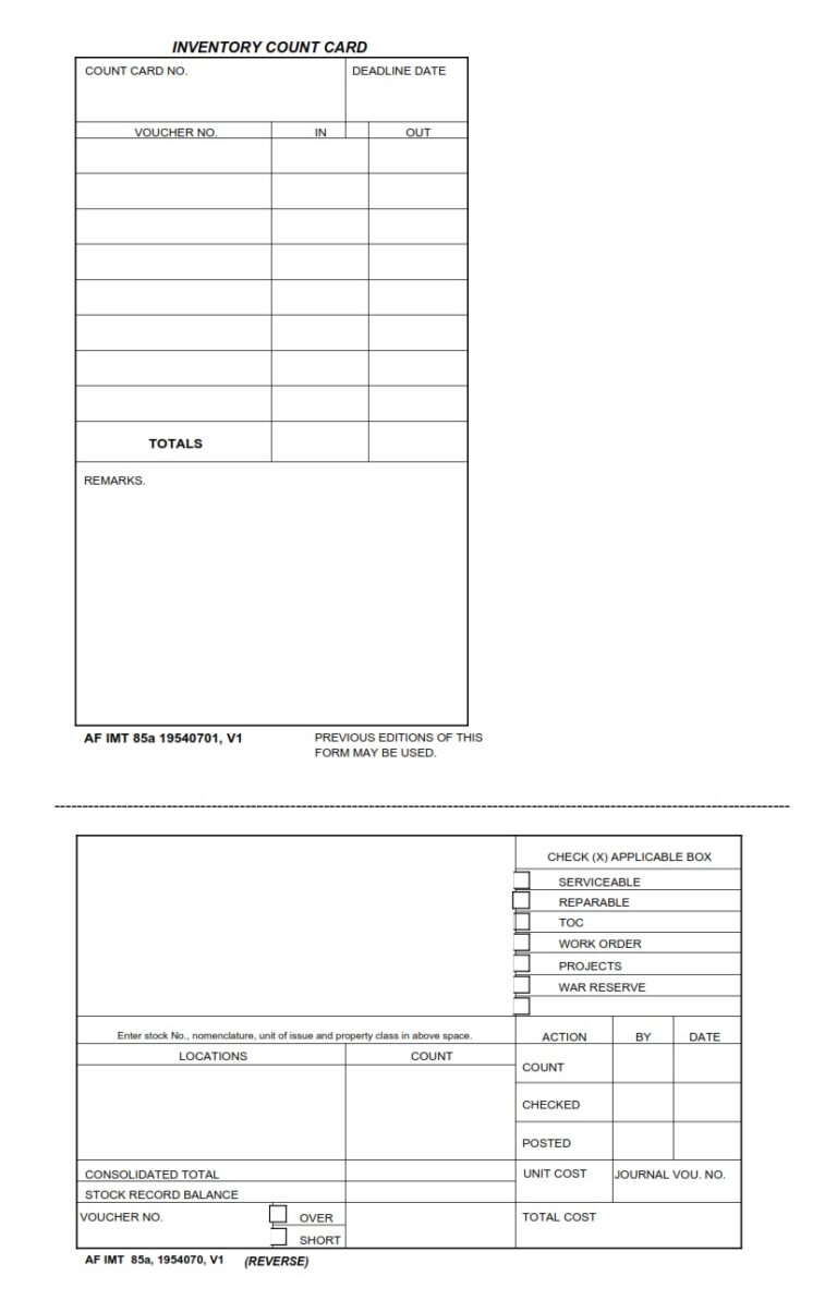 AF Form 85A - Inventory Count Card - AF Forms